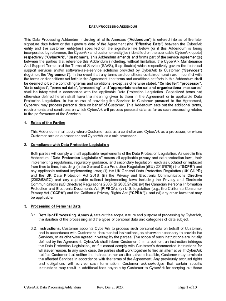 Fillable Online Data Processing Addendum 2023: Cyberark Compliance With ...