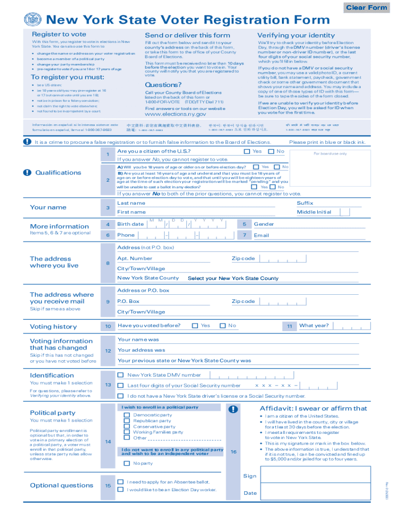 Fillable Online New York State Voter Registration Form 2023 - Register ...