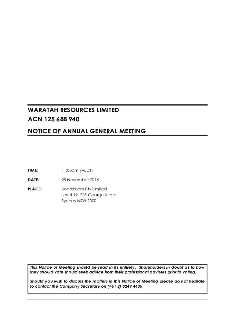 Fillable Online Waratah Resources Limited Notice of Annual General Meeting 2016 Fax Email Print ...