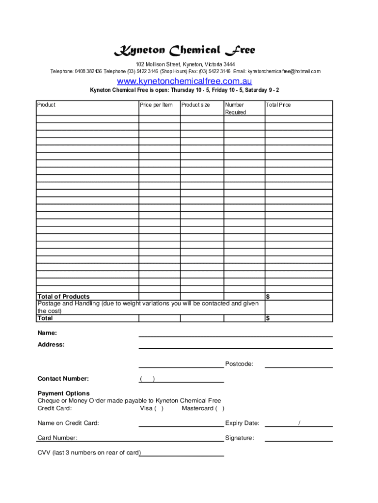 Fillable Online Kyneton Chemical Free - Order Form 2023 for Chemical ...