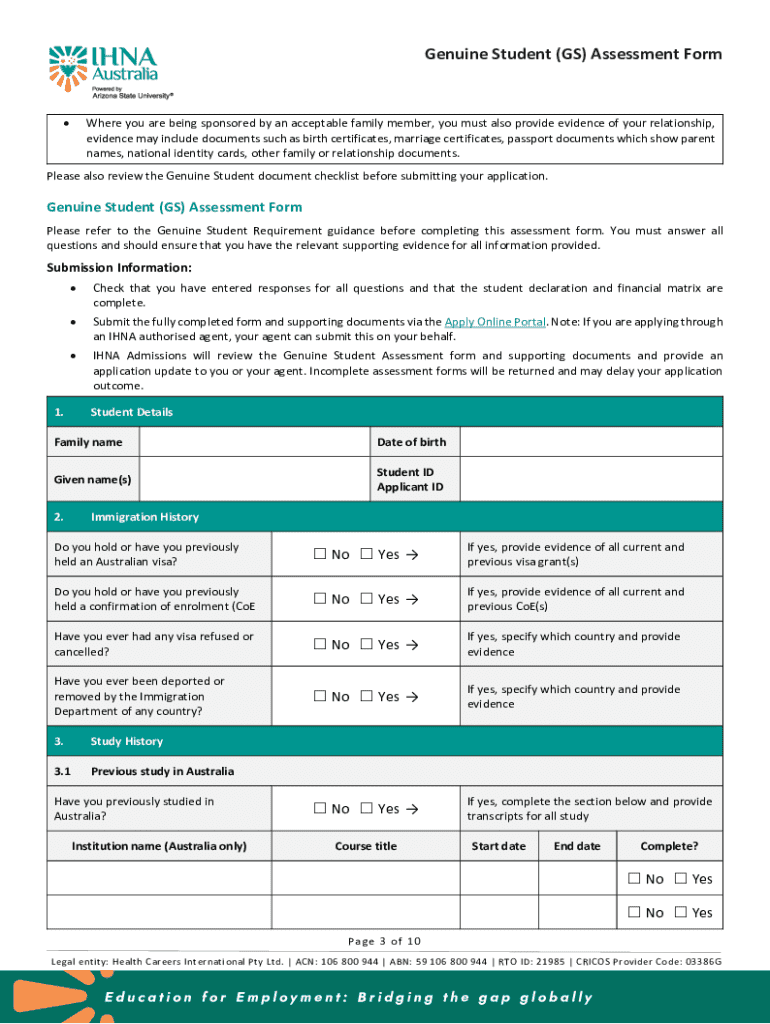 Fillable Online 2024 Genuine Student Assessment for International ...
