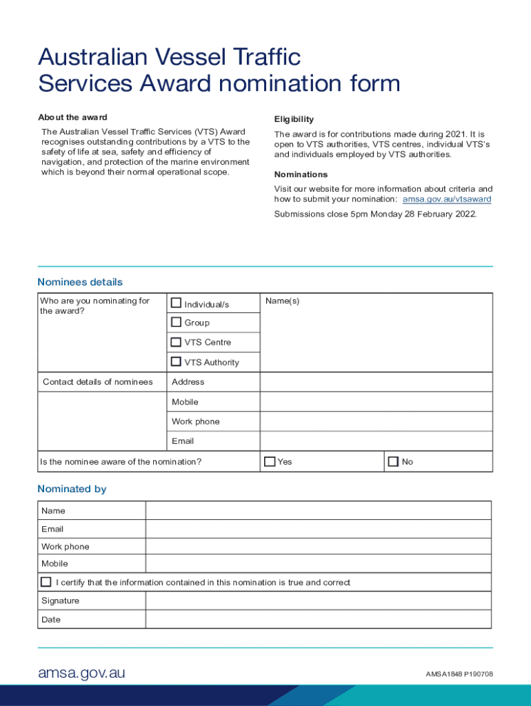 Fillable Online Australian Vessel Traffic Services award nomination ...