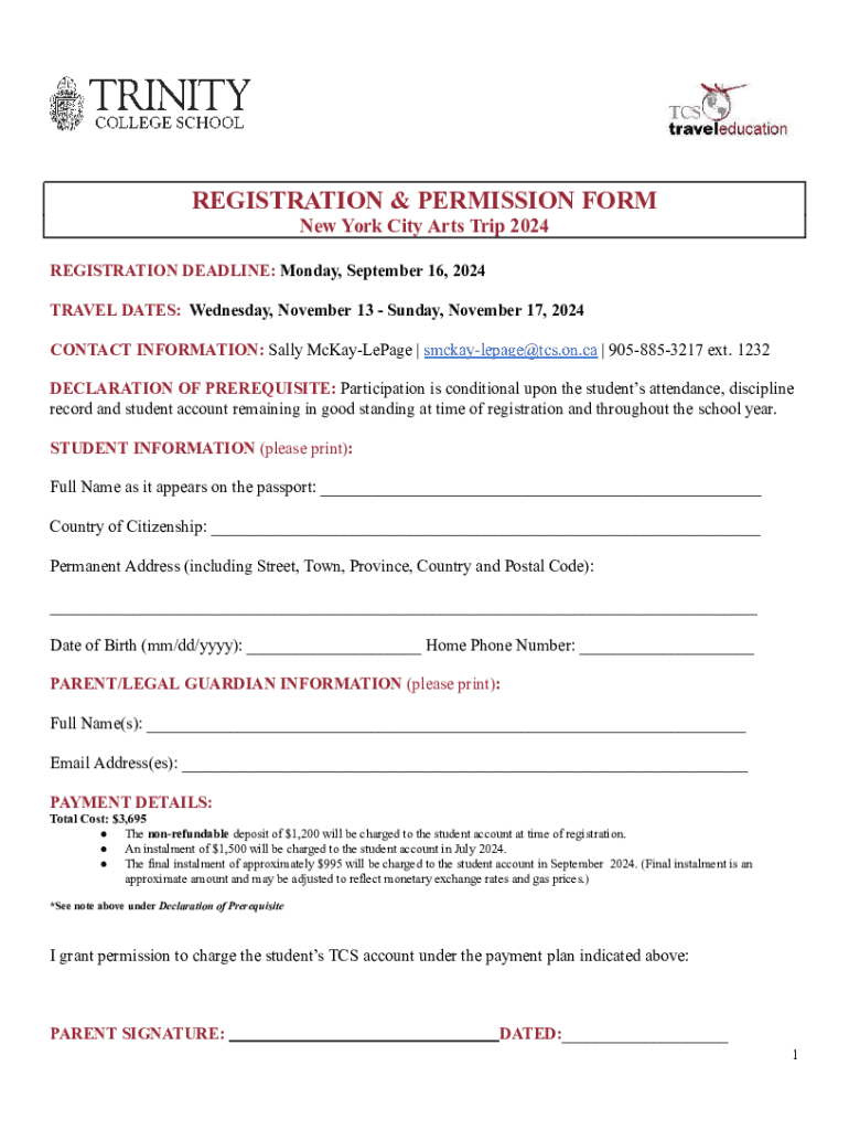 Fillable Online New York City Arts Trip Registration Form 2024 ...