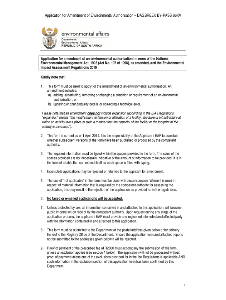 Fillable Online Application for Amendment of Environmental Authorisation 2017 Fax Email Print ...