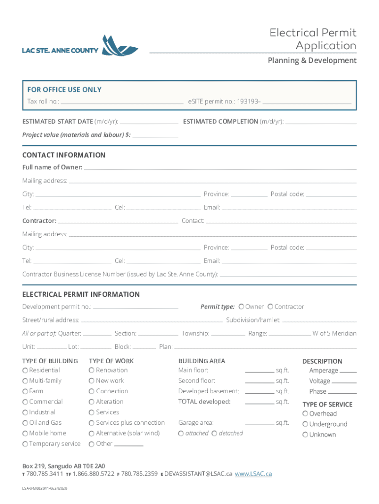 Fillable Online Electrical Permit Application Lac Ste Anne Lsac Form ...