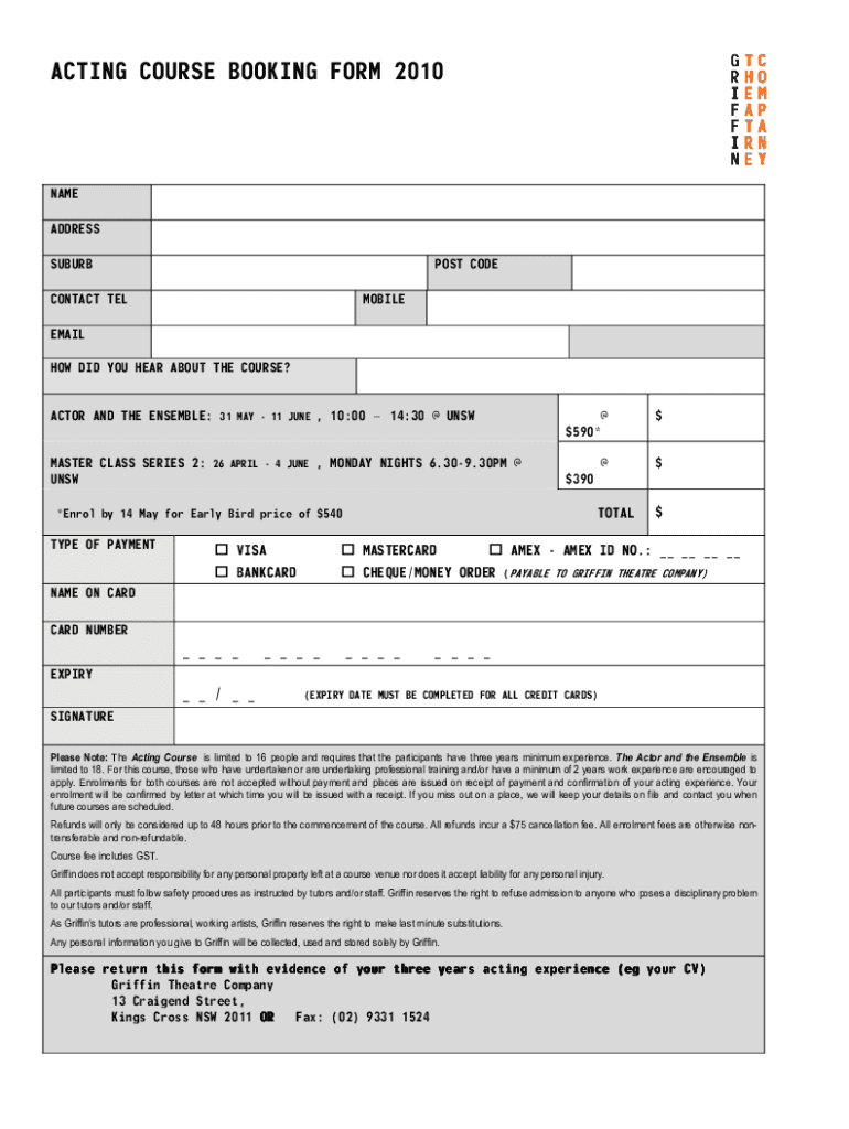 Fillable Online Acting Course Booking Form 2010 - Enrol Now for Master ...