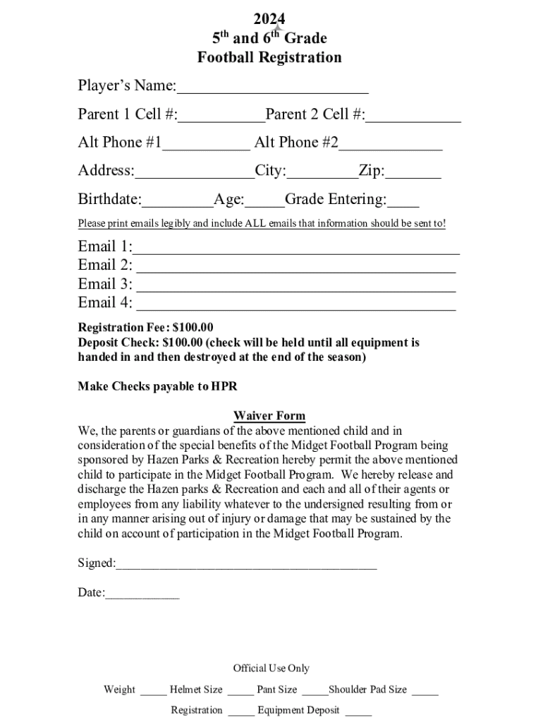 Fillable Online 2024 5th and 6th Grade Football Registration Form Fax Email Print - pdfFiller