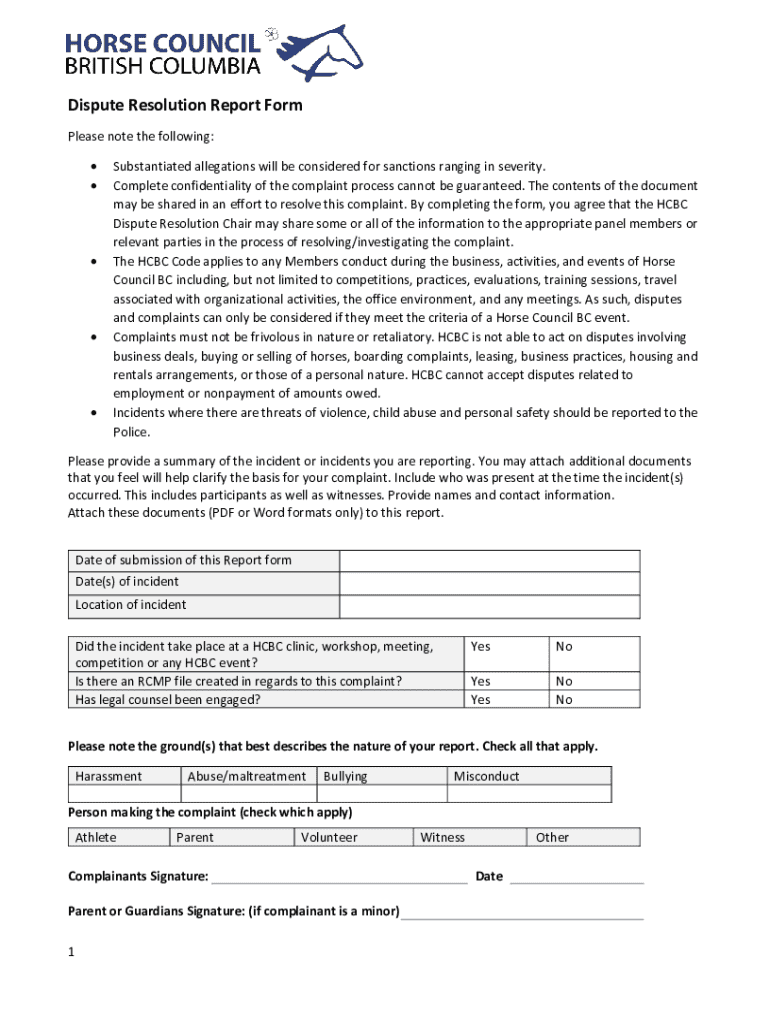 Fillable Online 2023 Hcbc Dispute Resolution Report Form - Horse ...
