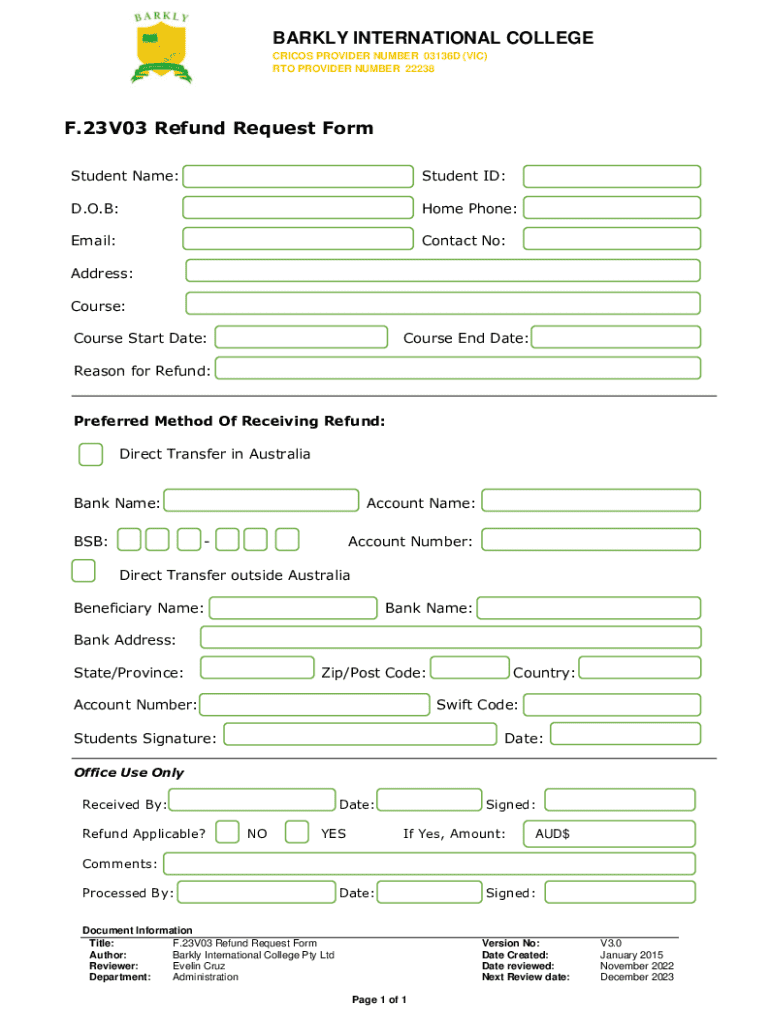 Fillable Online F.23V03 Refund Request Form Fax Email Print - pdfFiller
