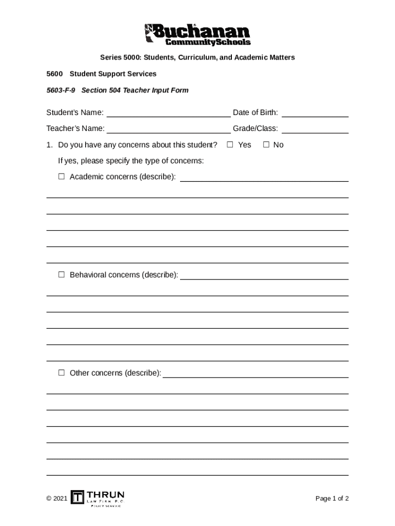 5603-F-9 Section 504 Teacher Input Doc Template | pdfFiller