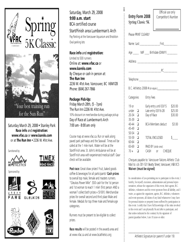 Fillable Online 2008 Spring Classic 5k Race Registration - Vancouver ...