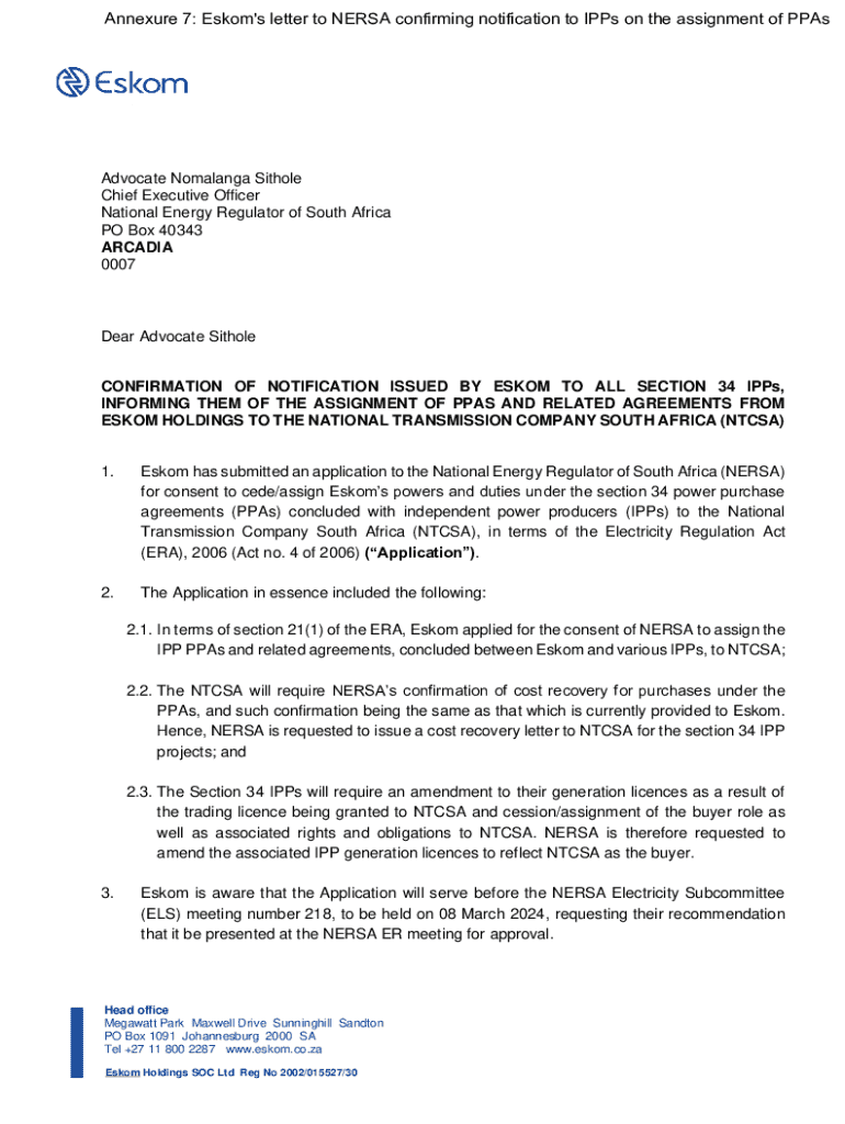 Fillable Online Eskom Notification to Nersa on Ppa Assignment to Ntcsa 2024 Fax Email Print ...