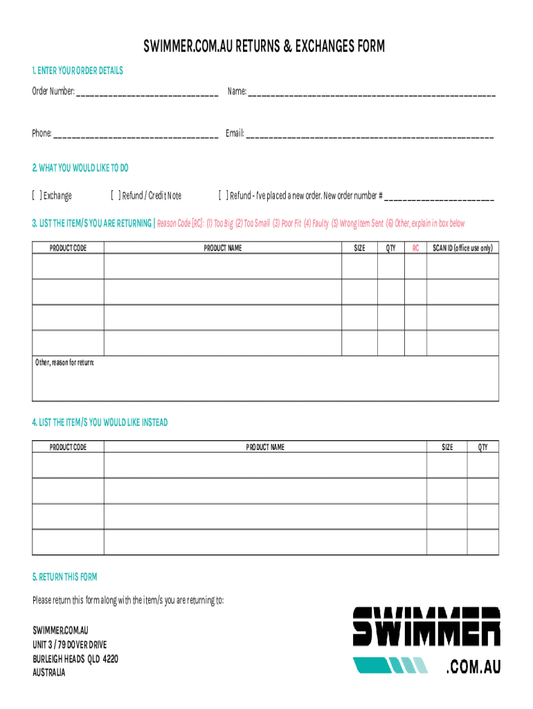 Fillable Online SWIMMER.COM.AU RETURNS & EXCHANGES FORM Fax Email Print ...