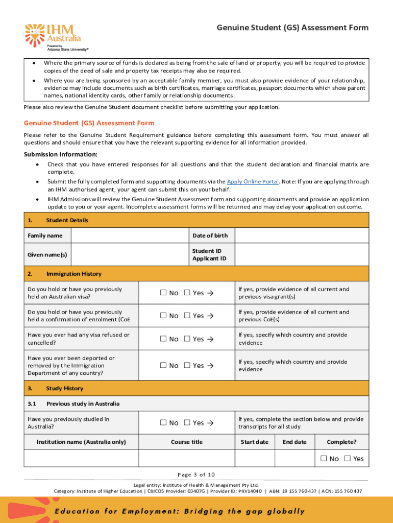 Fillable Online Genuine Student Requirement Assessment Form 2024 Fax ...