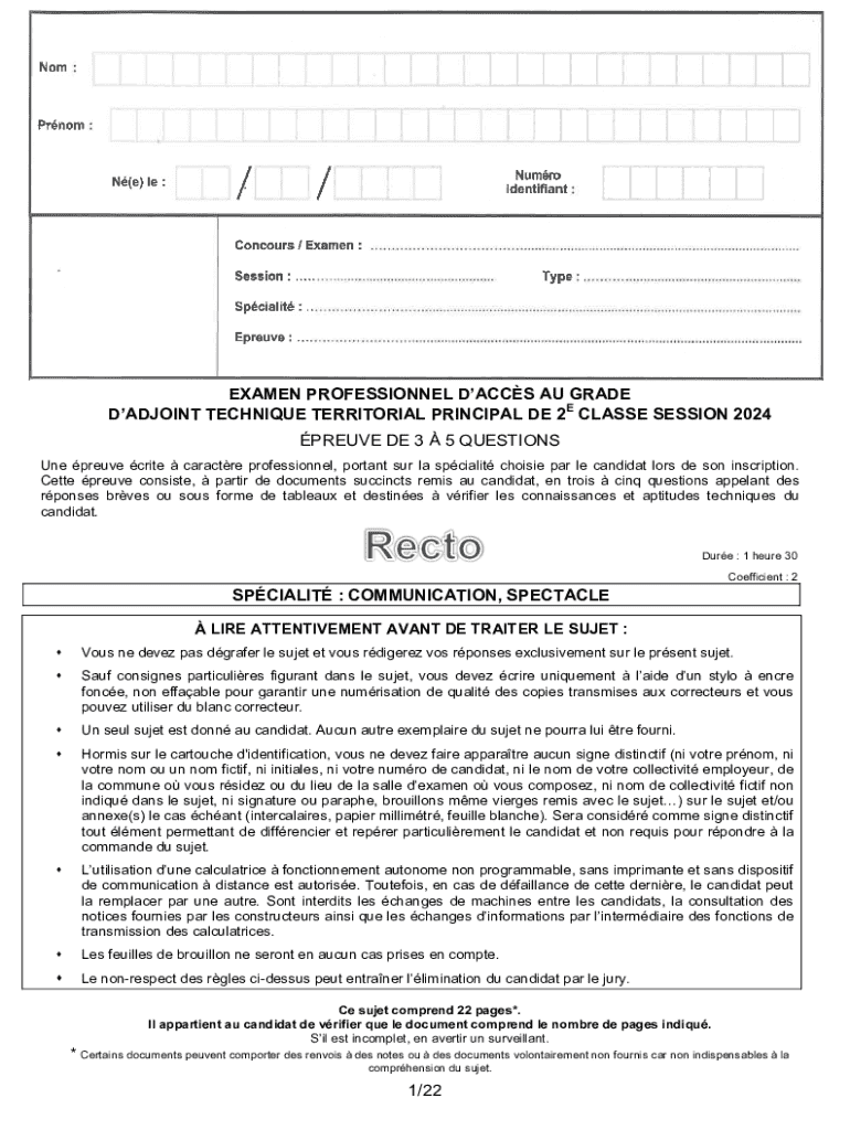 Remplissable en ligne Adjoint technique principal de 2me classe (examen d\' ... Fax Email ...