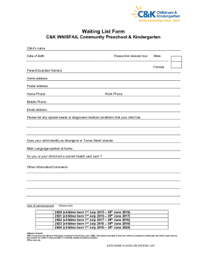 Fillable Online Waiting List Form for C&k Innisfail Preschool ...