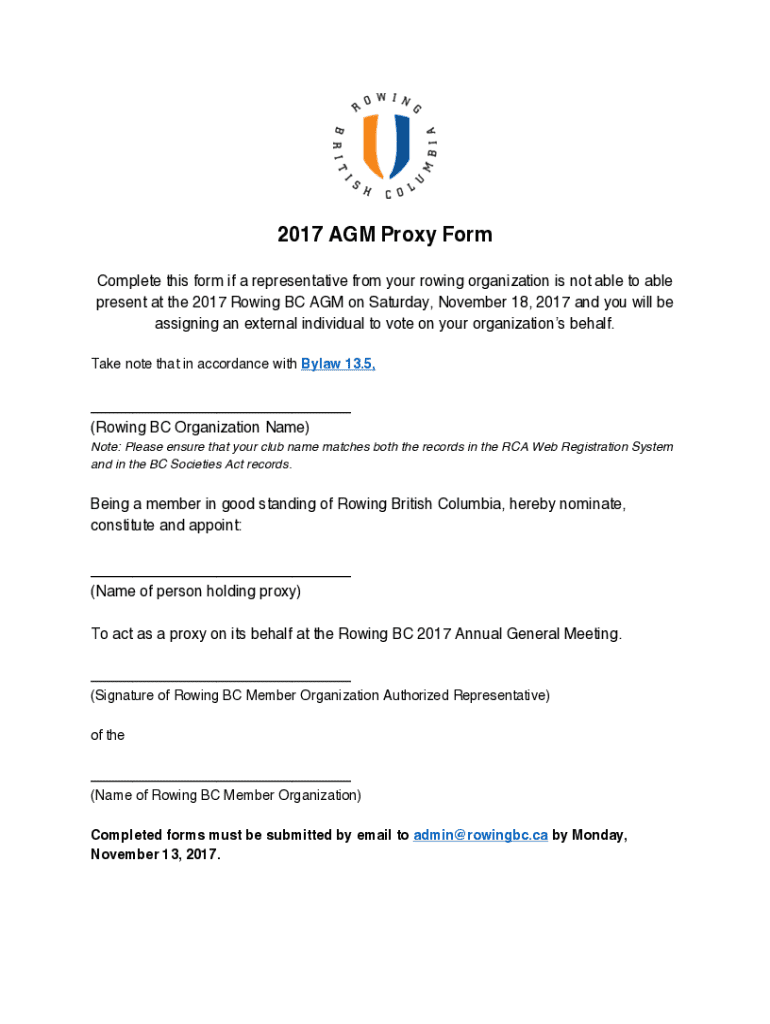 Fillable Online 2017 Rowing Bc Agm Proxy Form for Voting Representation ...