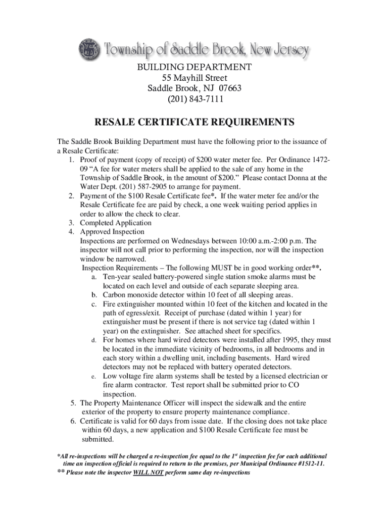 Fillable Online Resale Certificate Requirements for Saddle Brook Home ...