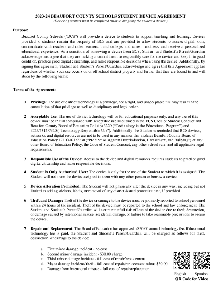 Fillable Online 2023-24 Beaufort County Schools Student Device Agreement Fax Email Print - pdfFiller