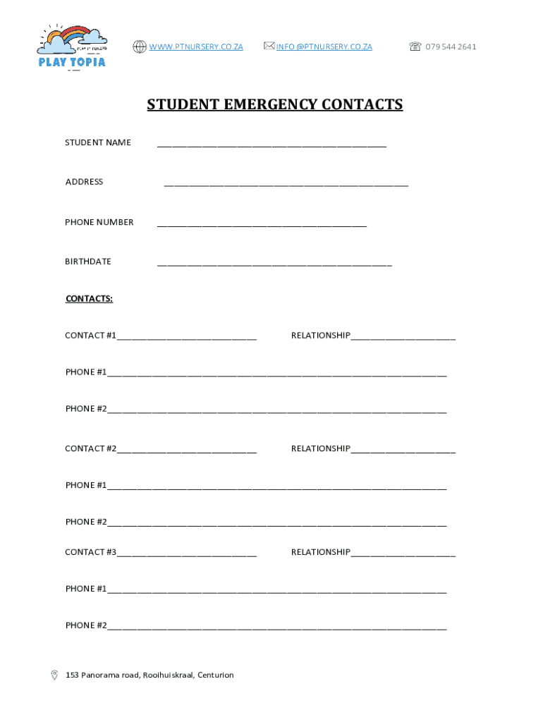 Fillable Online Student Emergency Contacts Form 2023 - Pt Nursery Fax ...