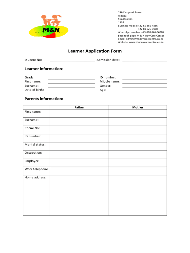 Fillable Online 2023 Learner Application Form for M & N Day Care Center ...