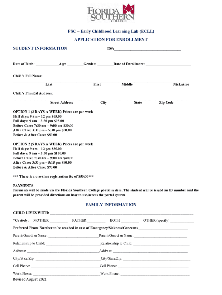 Fillable Online Enrollment Application for Fsc Early Childhood Learning Lab 2021 Fax Email Print ...
