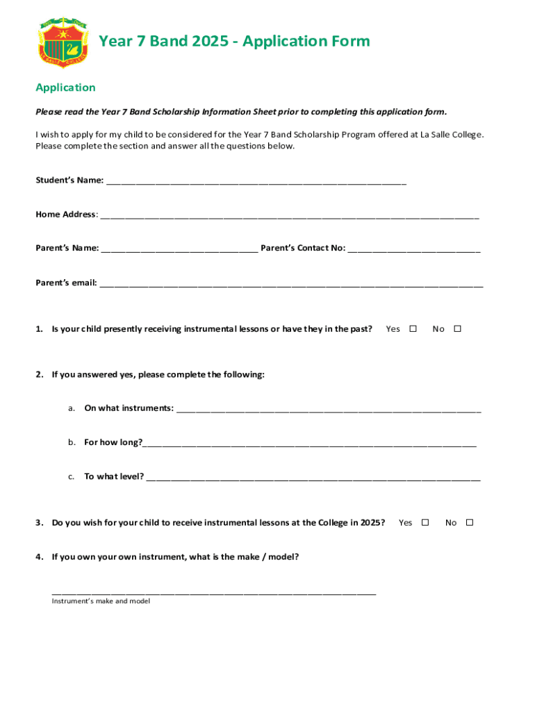 Fillable Online Year 7 Band Scholarship Application Form 2025 | La Salle College Fax Email Print ...