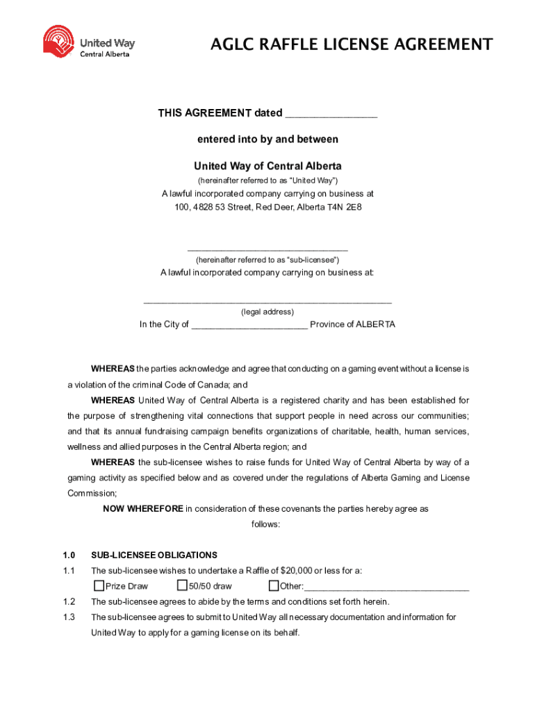 Fillable Online Aglc Raffle License Agreement 2023 | United Way of ...