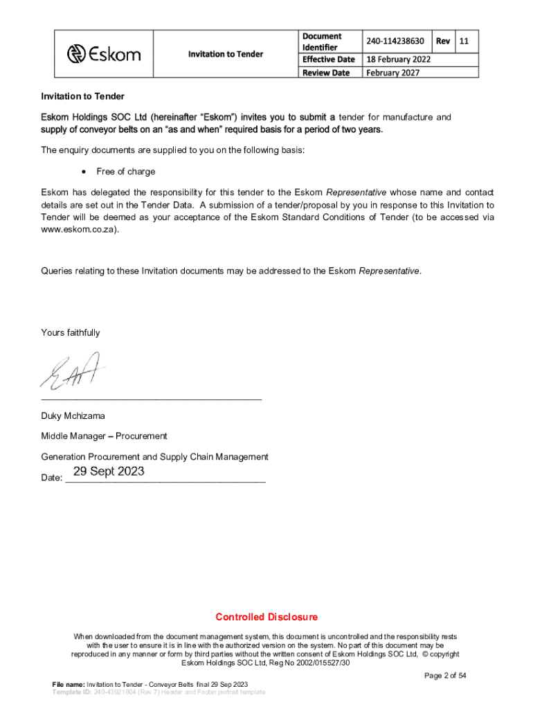 Fillable Online Invitation to Tender for Conveyor Belts 2023 | Eskom Fax Email Print - pdfFiller