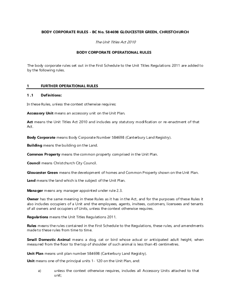 Fillable Online Body Corporate Rules 2011 for Gloucester Green ...