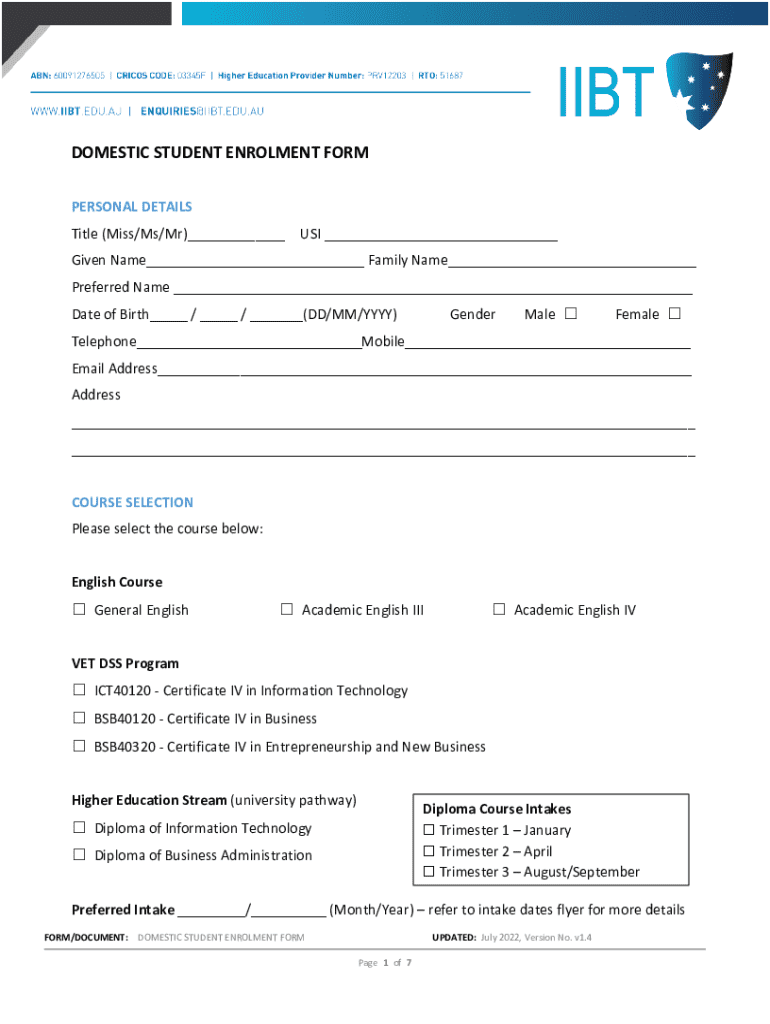 Fillable Online Domestic Student Enrolment Form 2022 - Iibt Fax Email ...