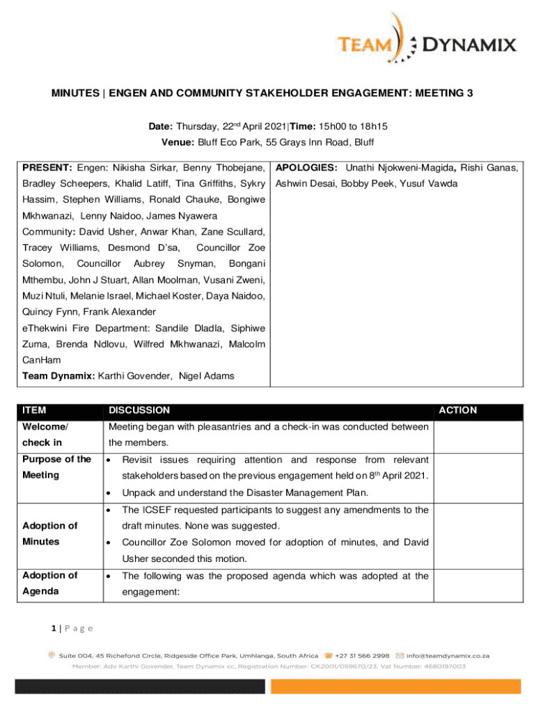 Fillable Online Engen Community Stakeholder Engagement Meeting Minutes ...