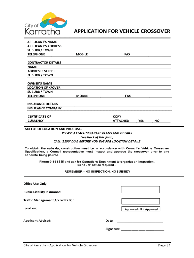 Fillable Online 2023 Vehicle Crossover Application - City of Karratha ...
