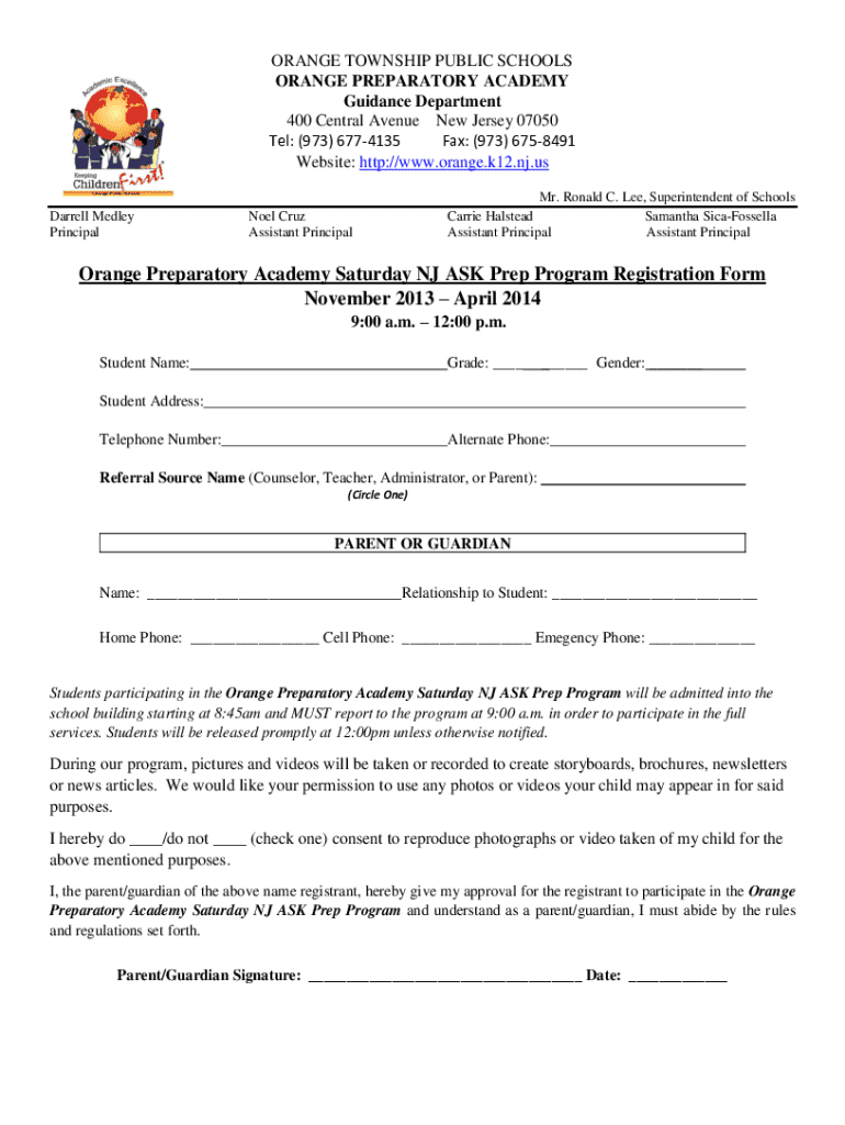 Fillable Online Orange Preparatory Academy Nj Ask Prep Program ...