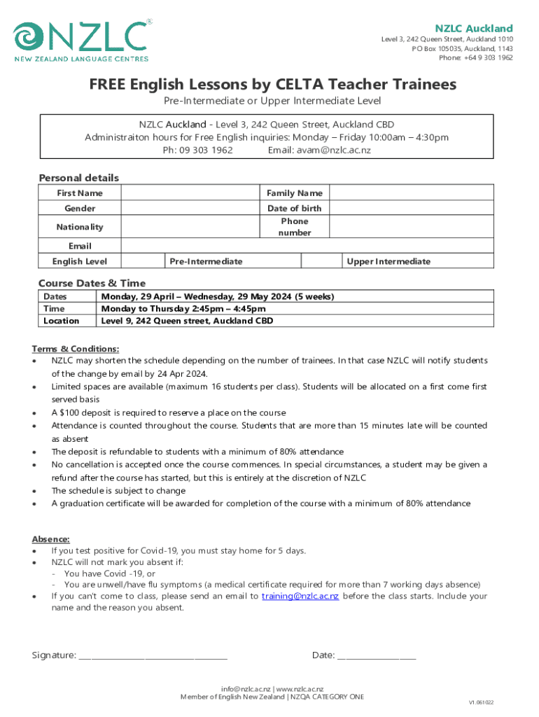 Fillable Online Free English Lessons in Auckland - Enroll Now for 2024 Fax Email Print - pdfFiller