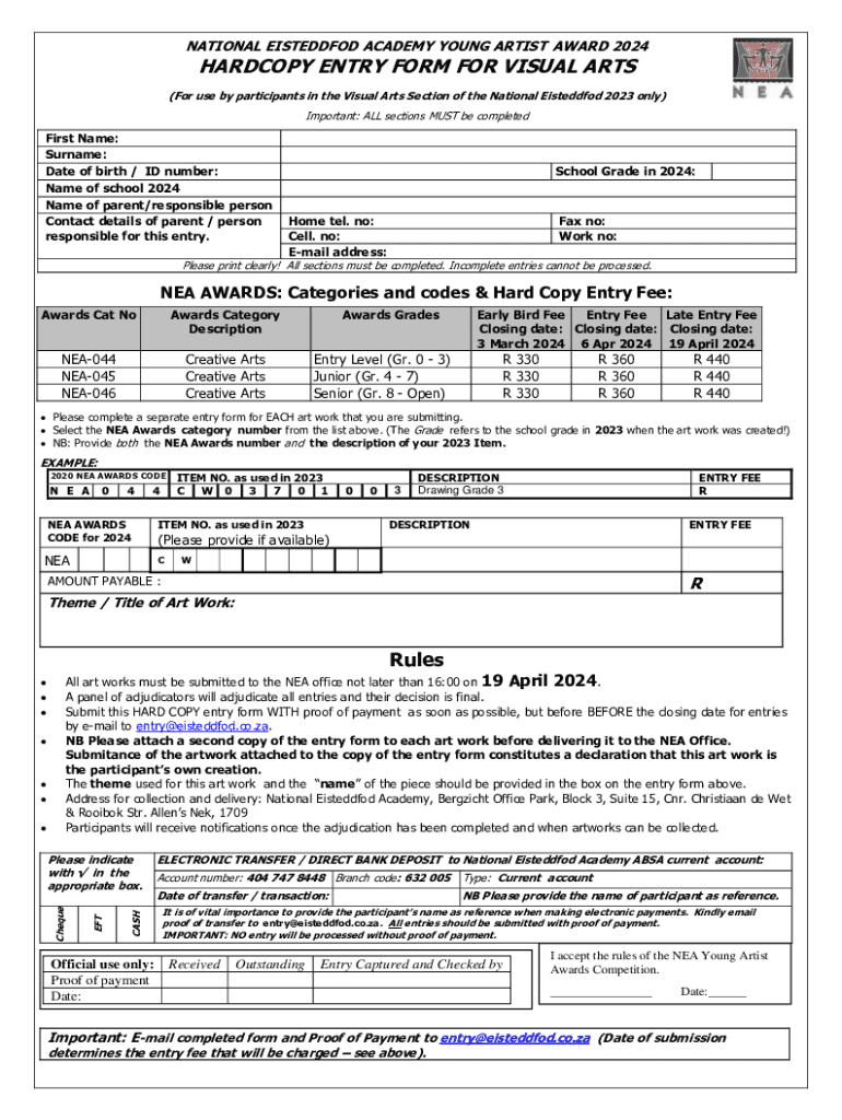 Fillable Online Nea Young Artist Award 2024 Entry Form for Visual Arts Fax Email Print - pdfFiller
