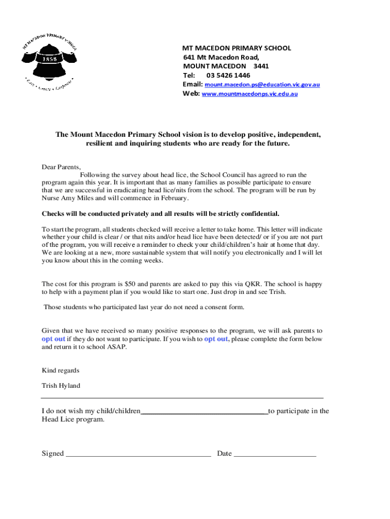 Fillable Online Head Lice Program Participation 2023 - Mount Macedon ...