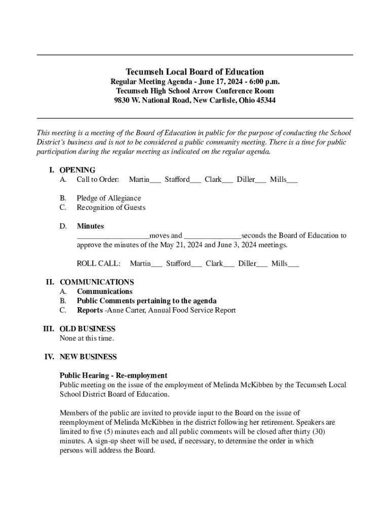 Fillable Online Tecumseh Local Board of Education Meeting Agenda - June 17, 2024 Fax Email Print ...