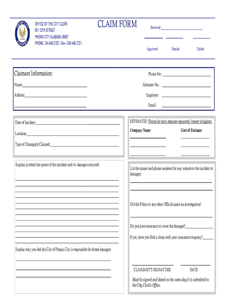 Fillable Online Phenix City Claim Form 2023 - Submit Your Claims Easily Fax Email Print - pdfFiller