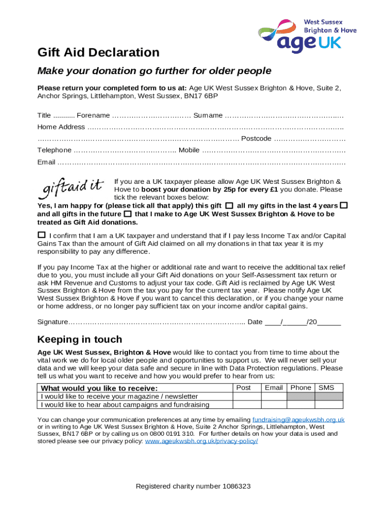 Gift Aid Declaration Doc Template | pdfFiller