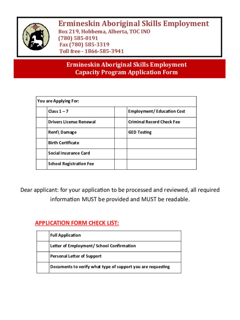 Fillable Online Ermineskin Aboriginal Skills Employment Capacity ...