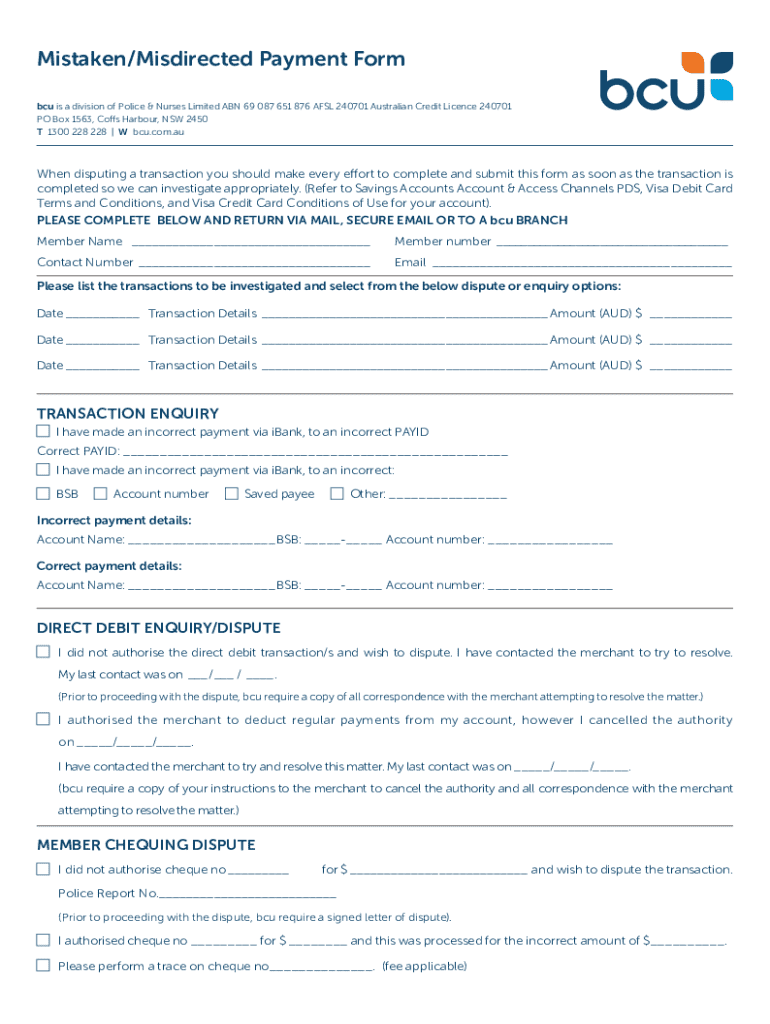 Fillable Online BCU Mistaken/Misdirected Payment Form Fax Email Print - pdfFiller