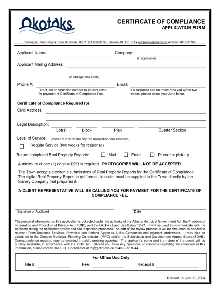 Fillable Online Certificate of Compliance Application Form - Town of Okotoks 2024 Fax Email ...