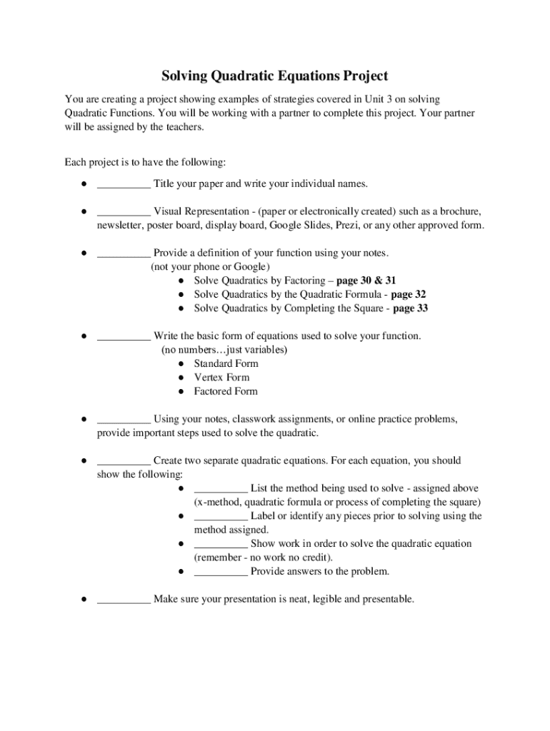 Fillable Online Solving Quadratic Equations Project Fax Email Print ...
