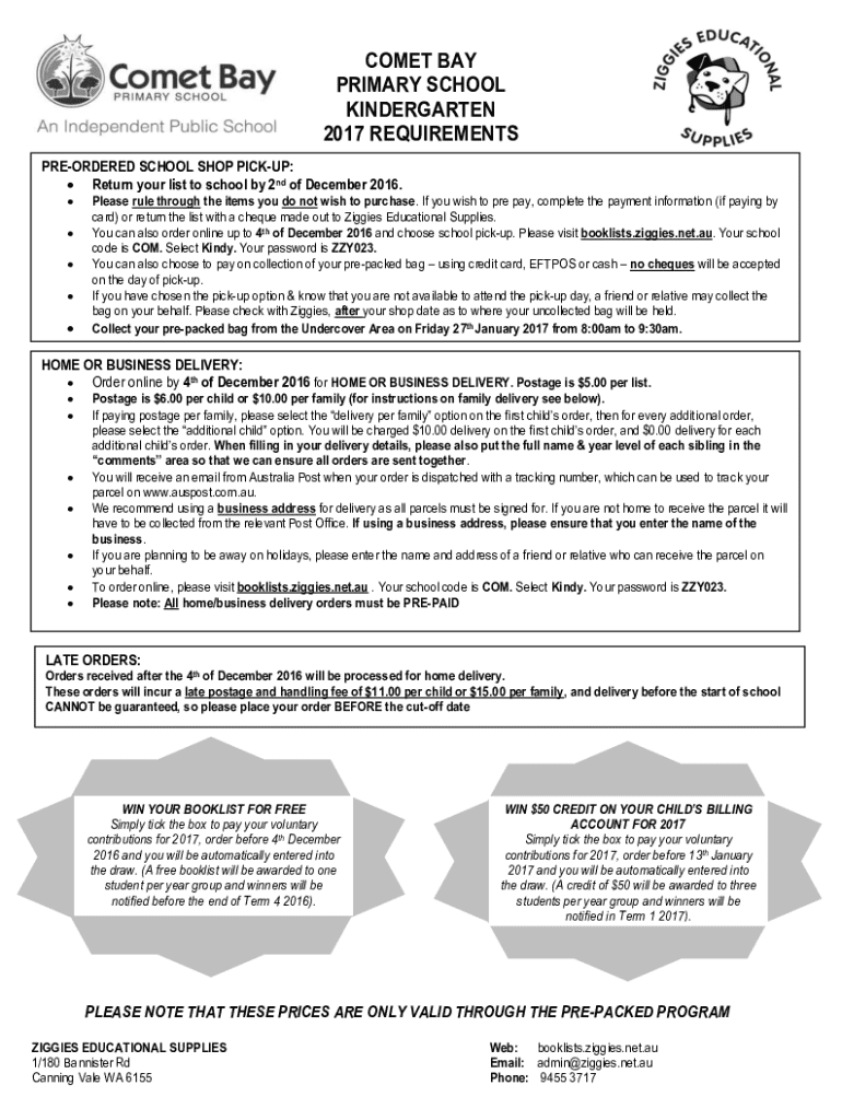 Fillable Online Comet Bay Primary School Kindergarten Requirements 2017 ...