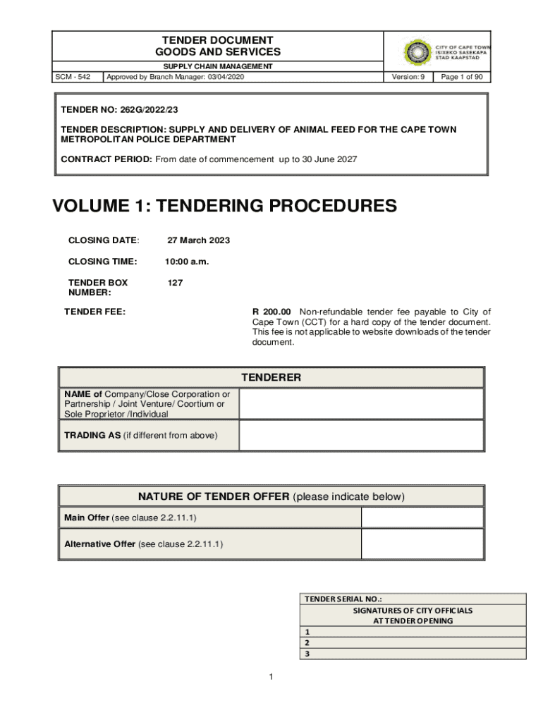 Fillable Online Tender No 262g/2022/23: Supply and Delivery of Animal ...