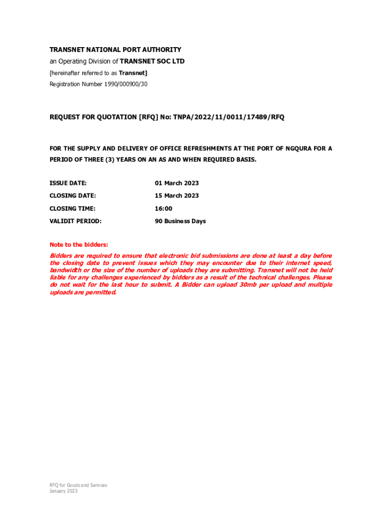 Fillable Online Request for Quotation for Office Refreshments at Port ...