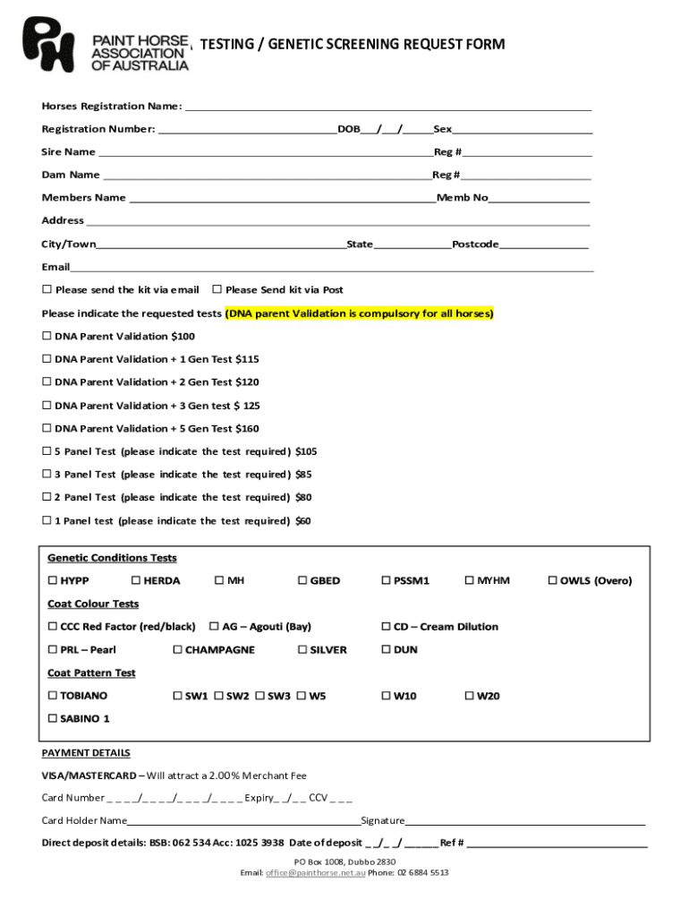 Fillable Online DNA TESTING / GENETIC SCREENING REQUEST FORM Fax Email ...