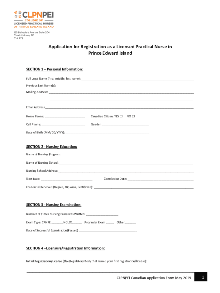 Fillable Online Licensed Practical Nurse Registration Application - Prince Edward Island 2019 ...