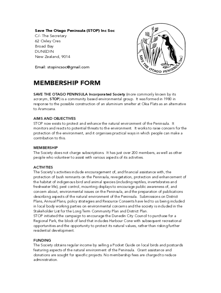 Fillable Online Membership Form for Save the Otago Peninsula (stop) Inc ...